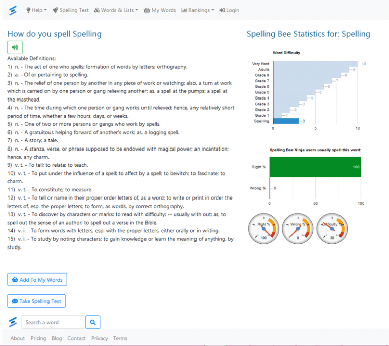 Spelling words search and word list building - Spelling Bee Ninja